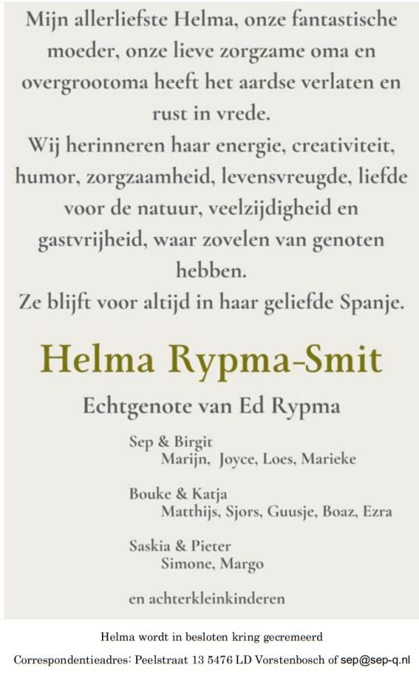 Overleden: Helma Rypma-Smit - Digitaal dorpsplein van voor en door ...